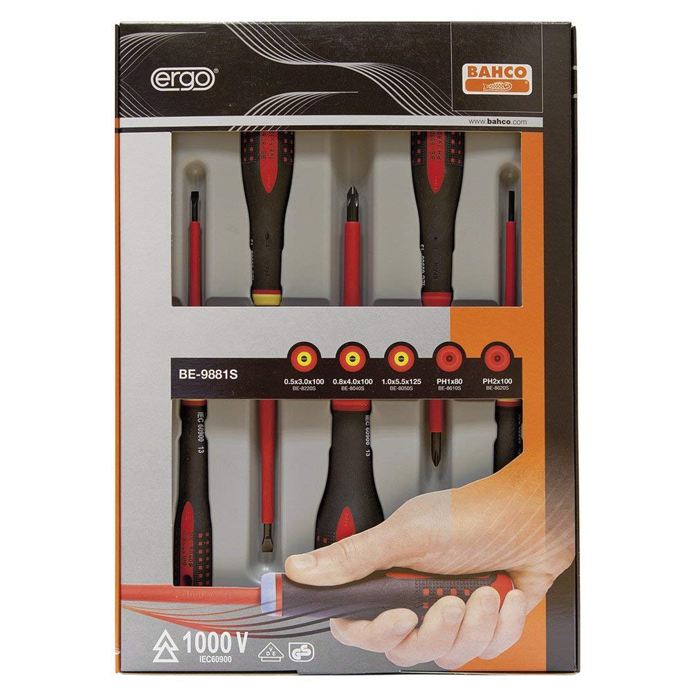 Bahco BE-9881S ERGO 5 Piece 1000V VDE Insulated Slotted & Phillips Screwdriver Set | PrimeTools